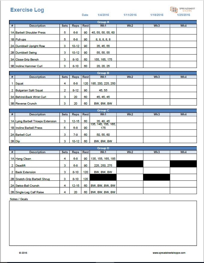 Workout Log Template - Spreadsheetshoppe Workout Log Template - Spreadsheetshoppe