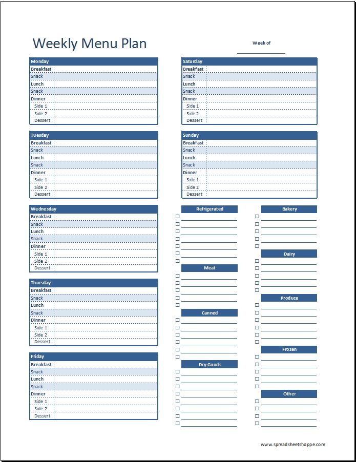 Weekly Menu Plan Template V2 Spreadsheetshoppe